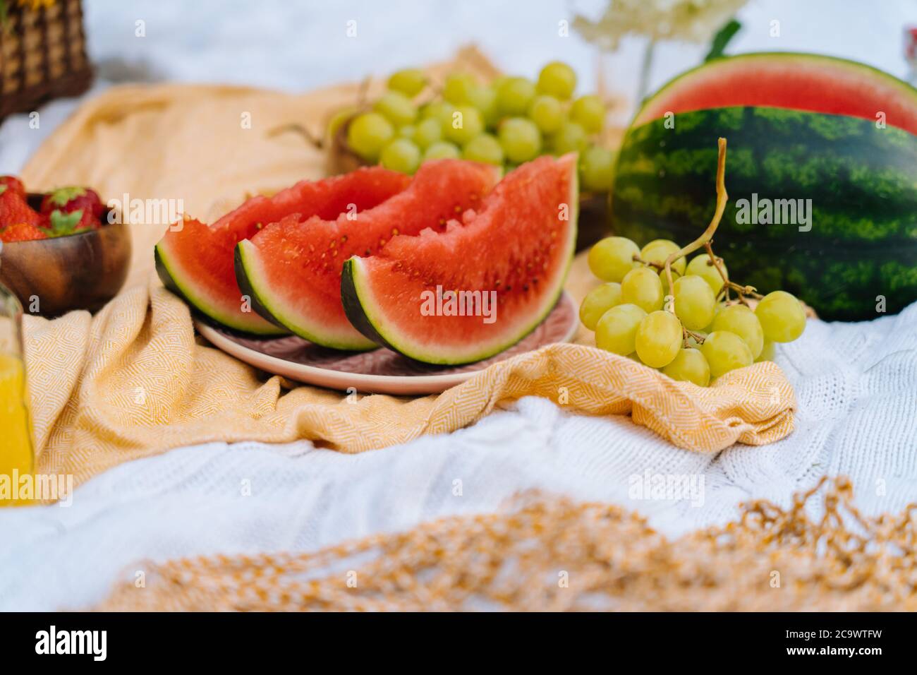 Summer picnic concept on sunny day with watermelon, fruit, bouquet ...