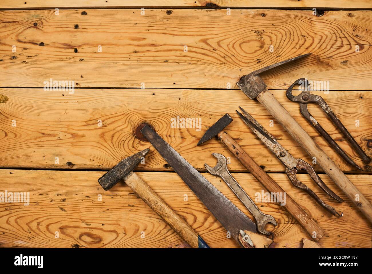 Old grungy handy tools on wooden background with copy space Stock Photo ...