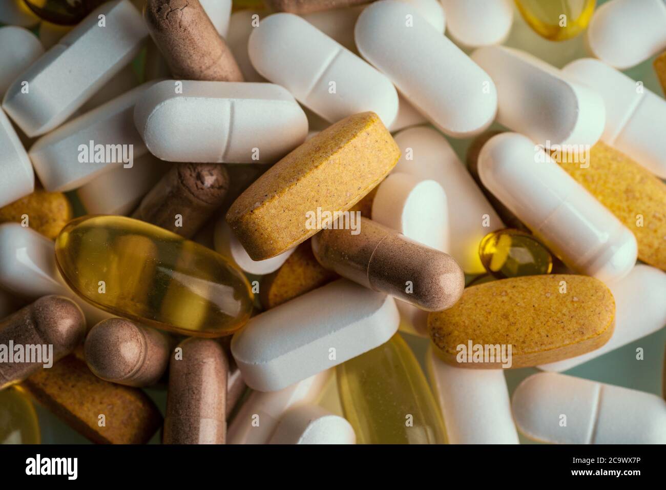 Medication pills background. Different medicine tablets, dietary ...