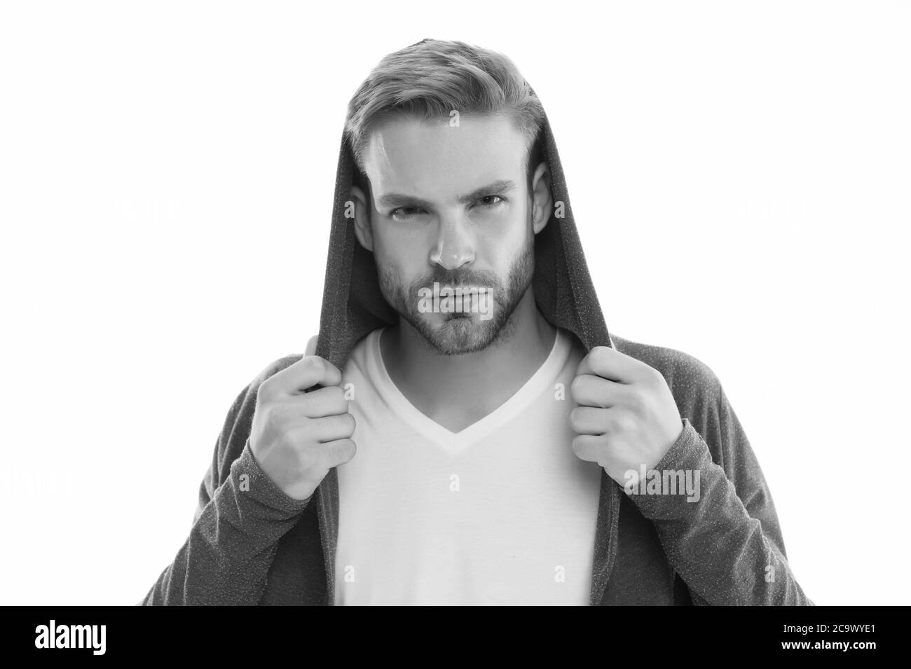 Hooded and unshaven. Unshaven guy isolated on white. Unshaven look of ...