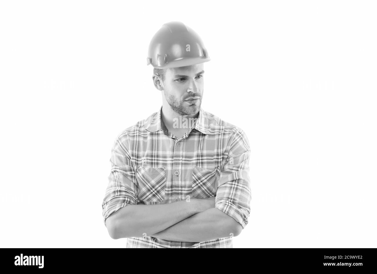 Always dedicated to work. Confident workman isolated on white ...