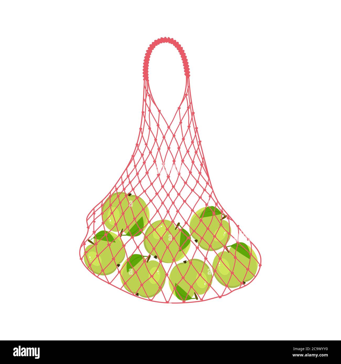 Green apples in a string bag. Shopping bag with fruits. Food Delivery ...