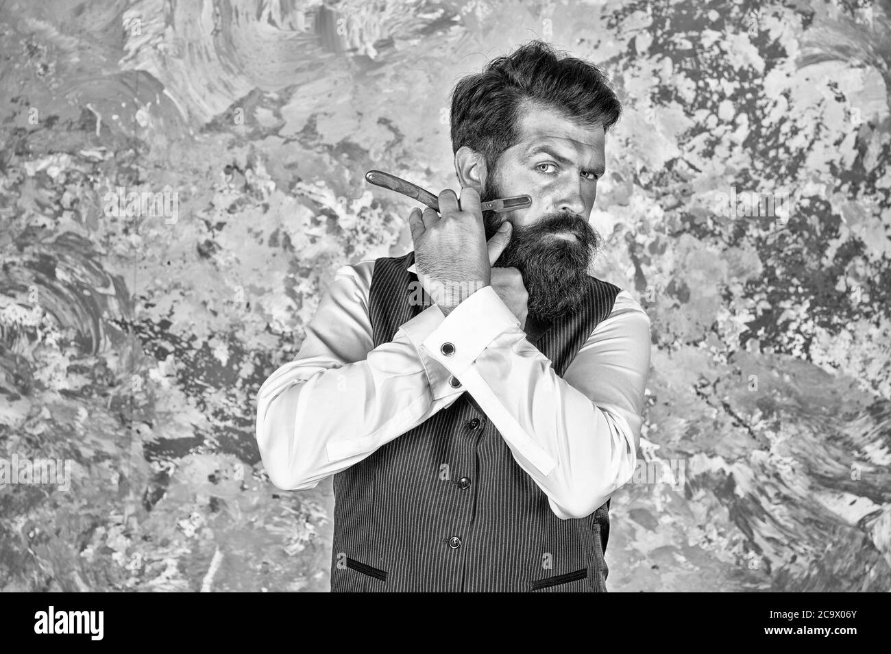 Razor blade. Shaving man has razor. Hair salon for men. Retro and ...