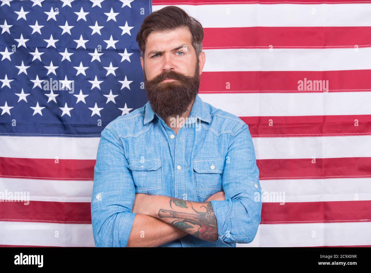 American man journalist reporter USA flag background, breaking news and ...