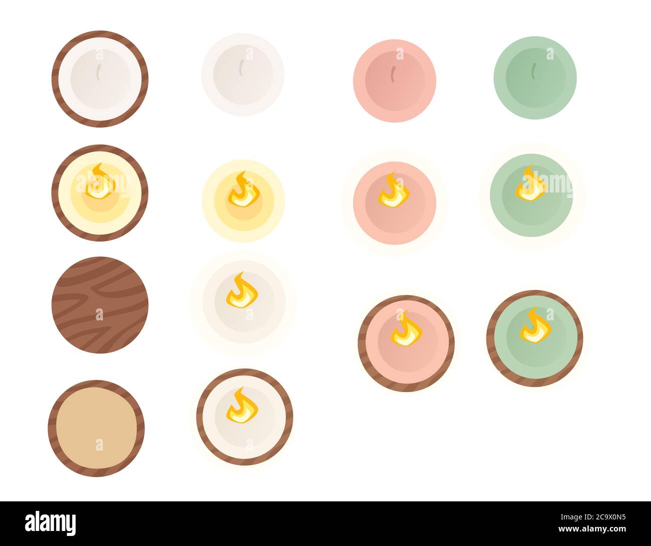 Set simple colorful candle on wooden plates top view flat vector ...
