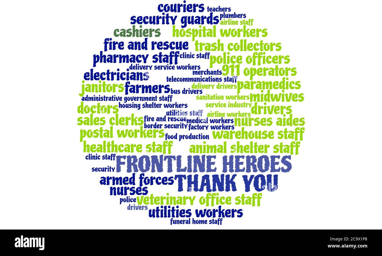 Word cloud in praise of COVID-19's essential workers forms a globe ...