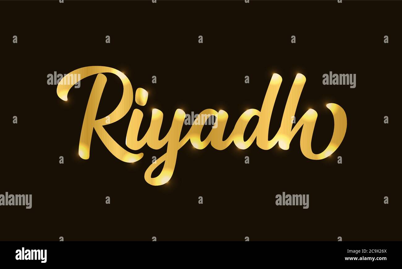 Hand sketched RIYADH word as banner or logo in gold. Lettering for ...