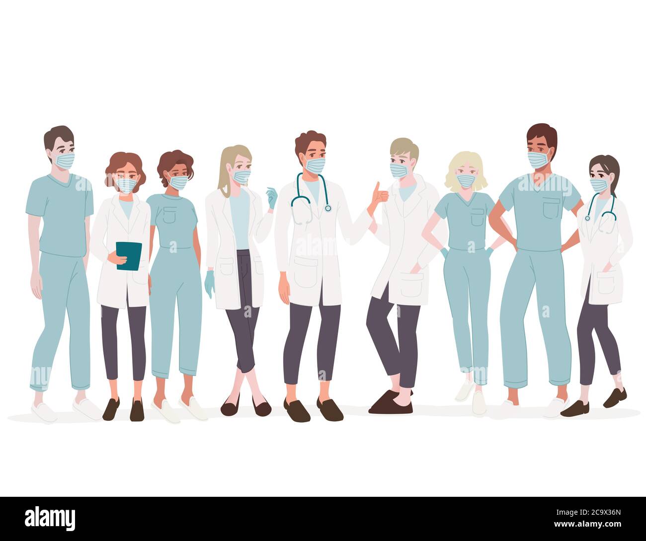 Characters of cute cartoon doctors and nurses wearing surgical face ...