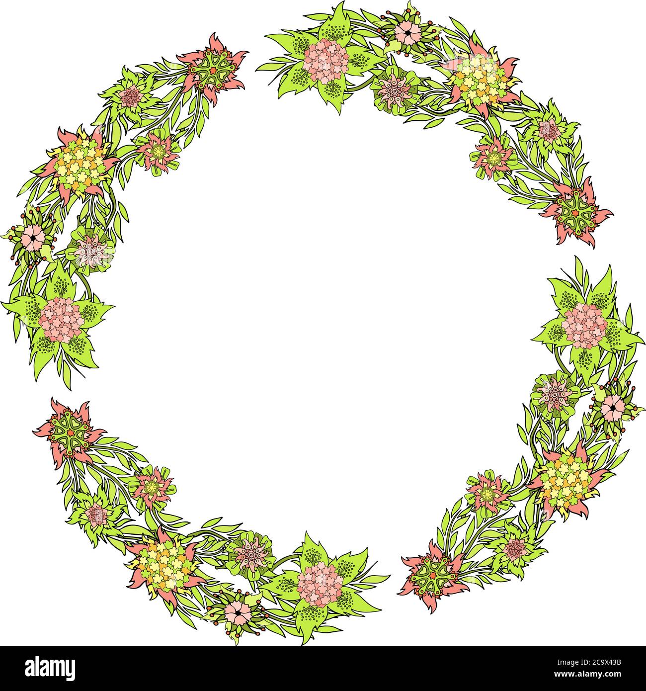 Beautiful round green floral pattern with different flowers on white ...