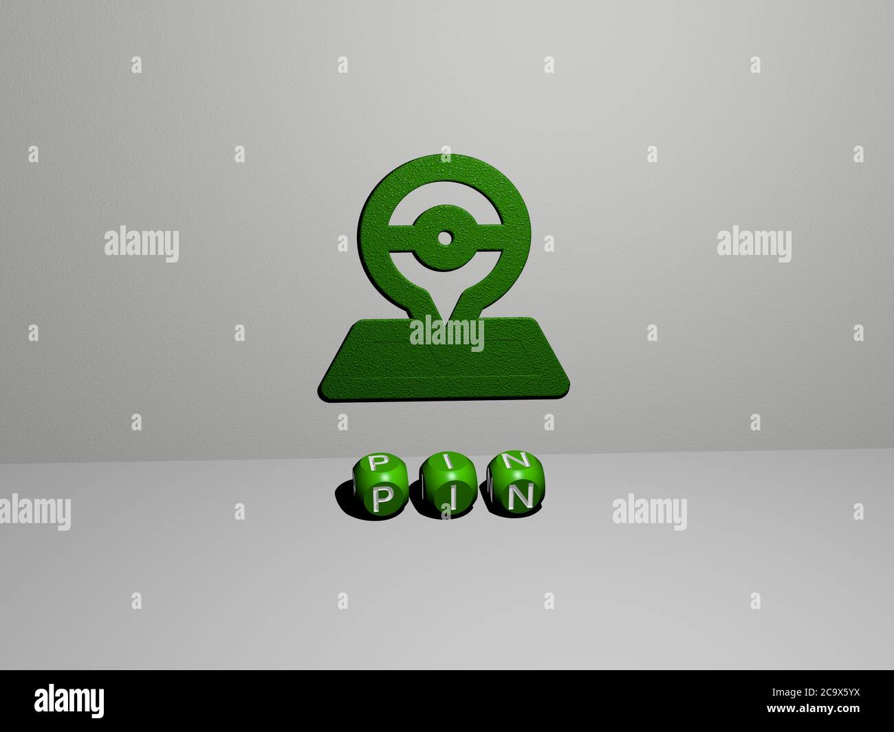 3D illustration of pin graphics and text made by metallic dice letters ...