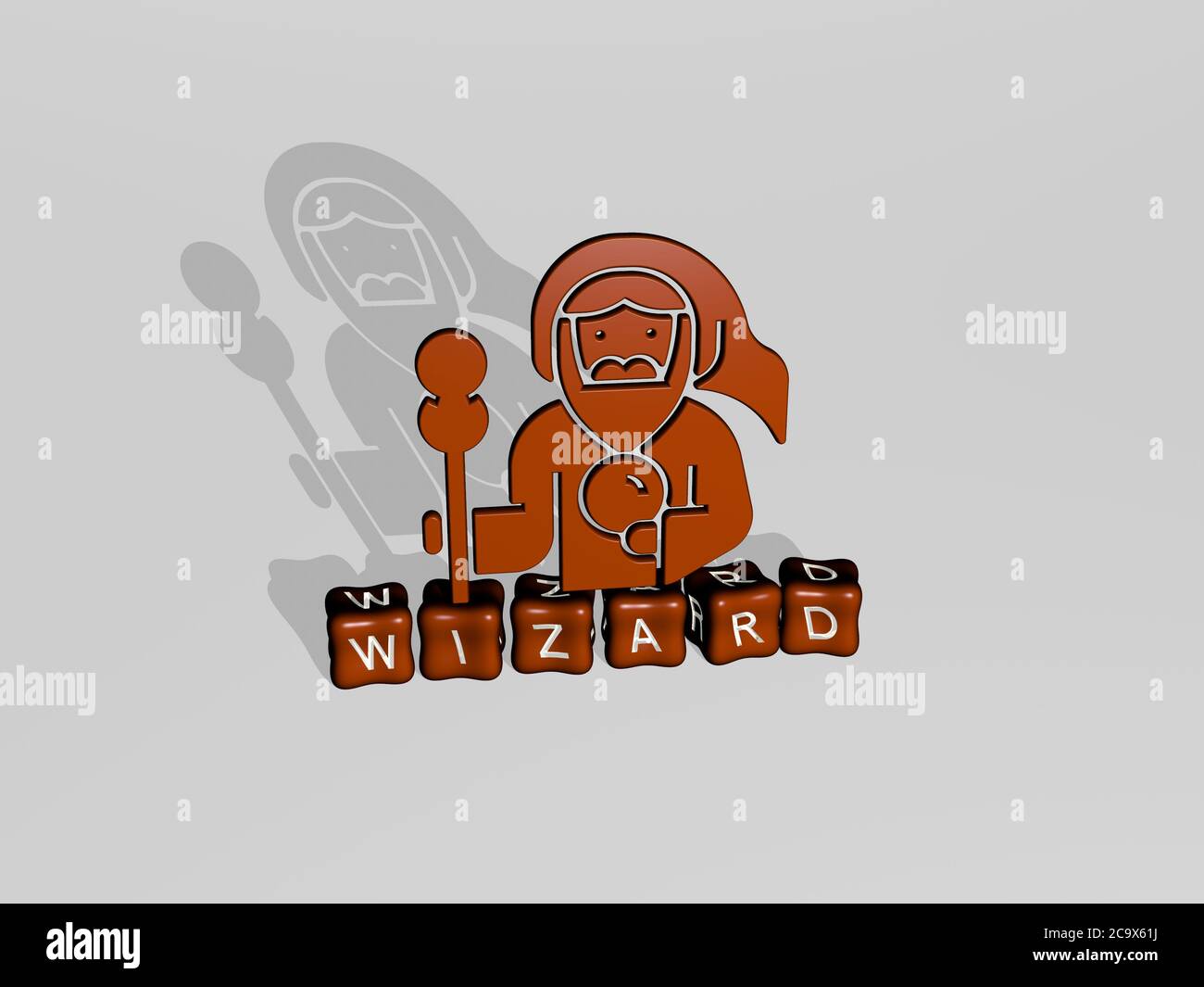 3D representation of wizard with icon on the wall and text arranged by ...