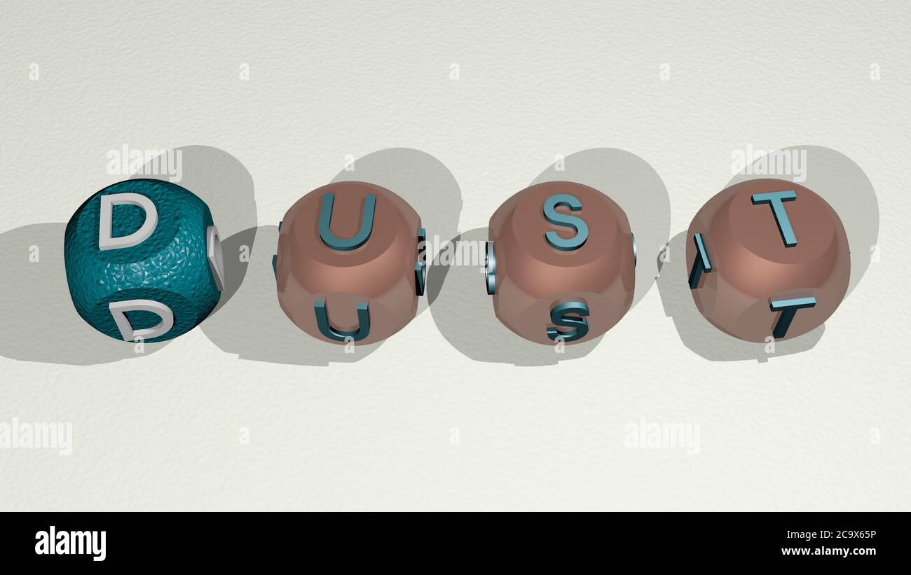 crosswords of DUST arranged by cubic letters on a mirror floor, concept ...