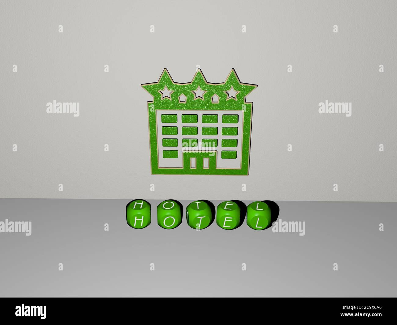 3D representation of hotel with icon on the wall and text arranged by ...