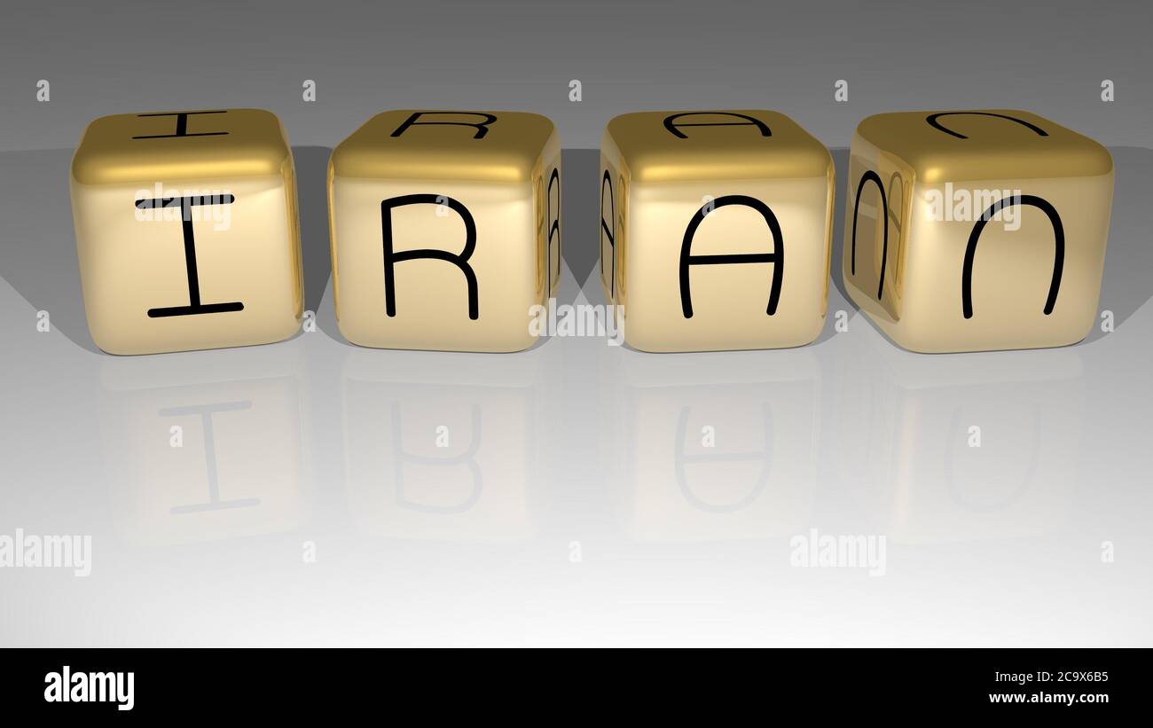 3D graphical image of IRAN vertically along with text built by metallic ...