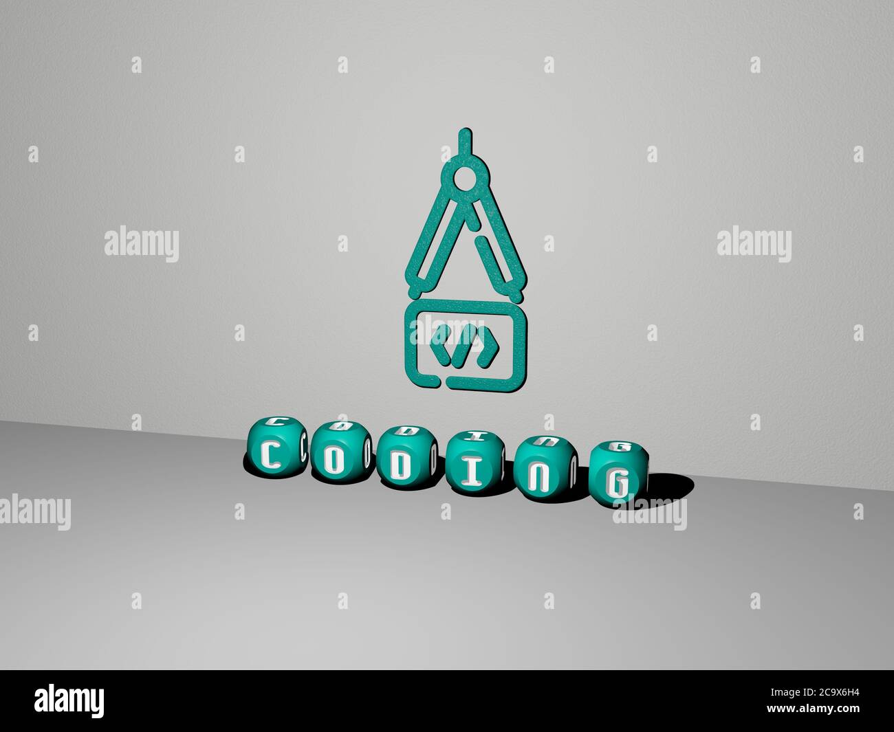 3D illustration of coding graphics and text made by metallic dice ...