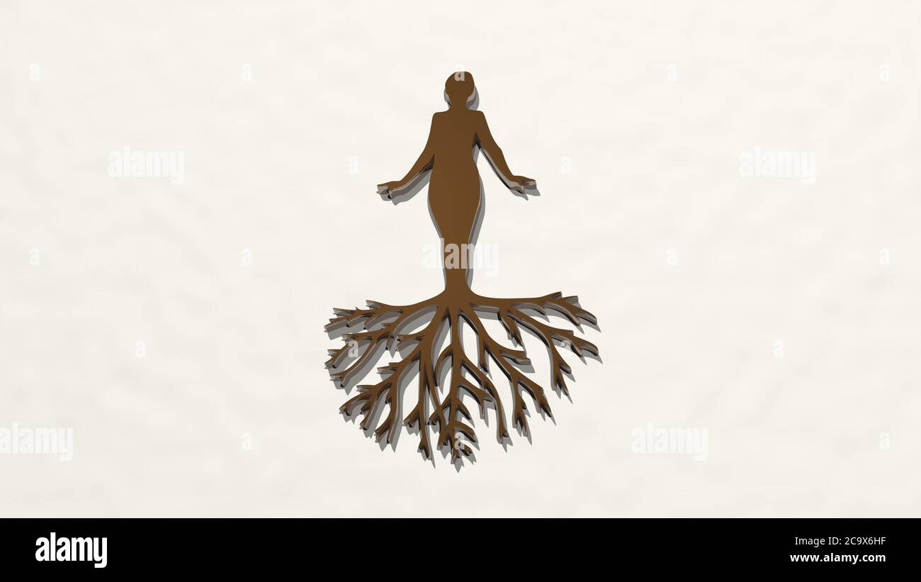 woman with tree roots from a perspective on the wall. A thick sculpture ...