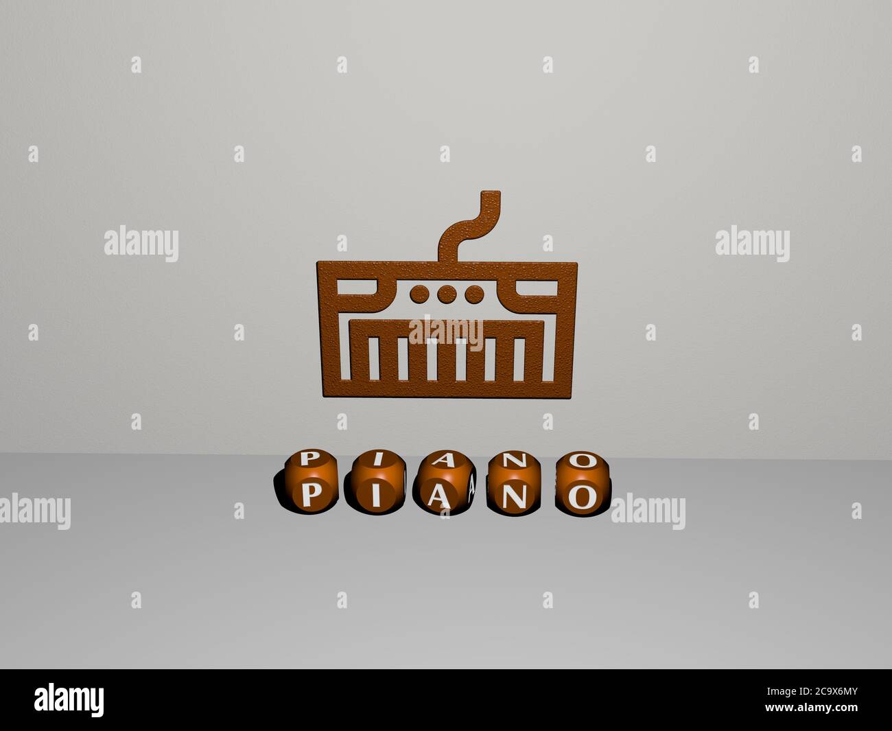 3D illustration of piano graphics and text made by metallic dice ...