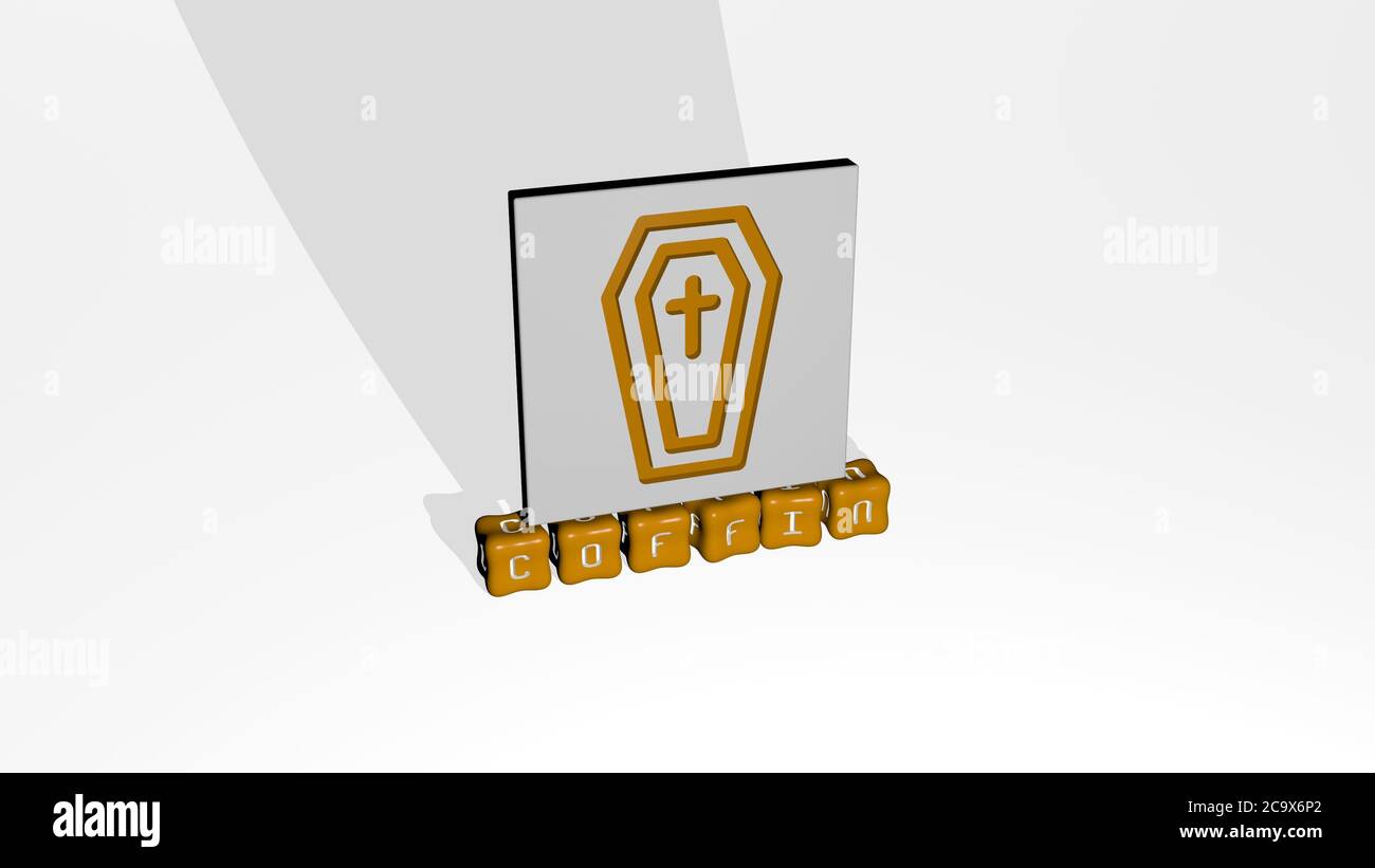 3D illustration of COFFIN graphics and text made by metallic dice ...