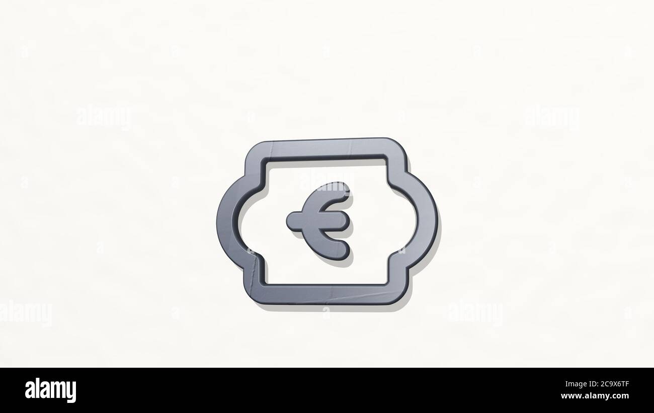 currency euro bill on the wall. 3D illustration of metallic sculpture ...