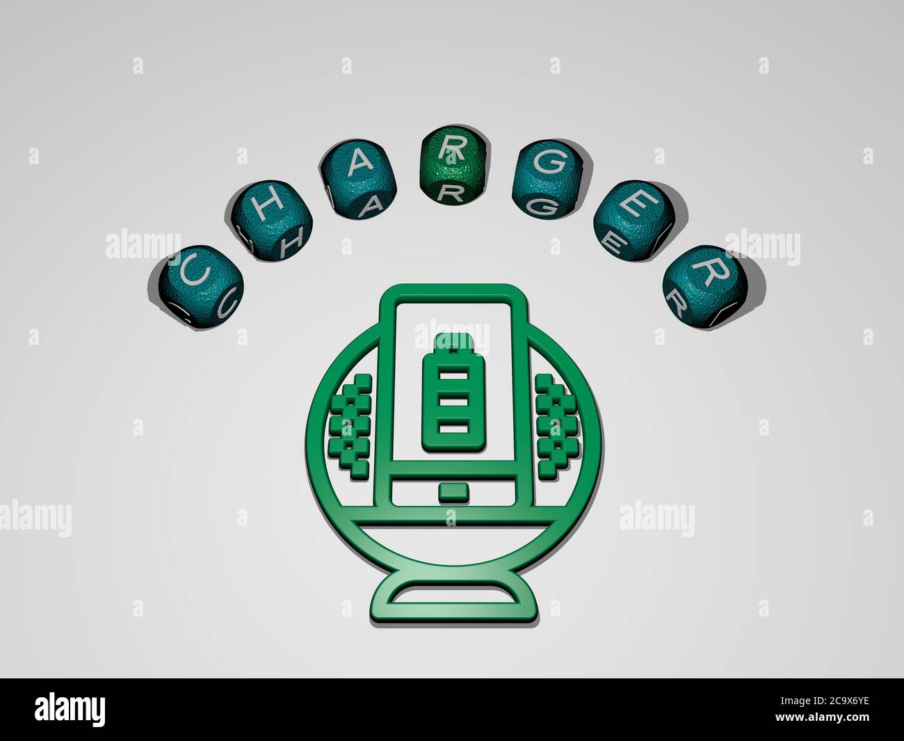 3D representation of charger with icon on the wall and text arranged by ...