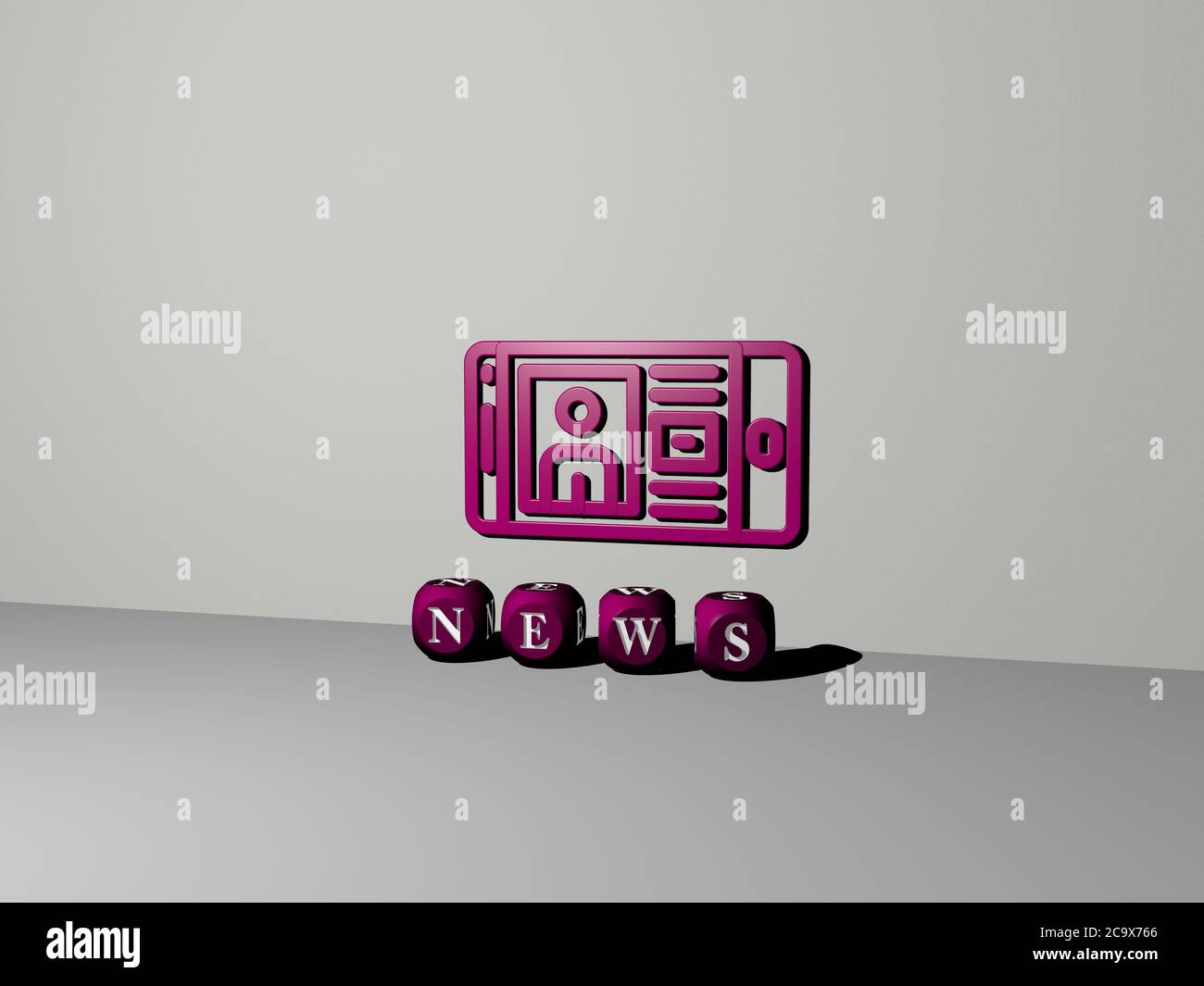 3D graphical image of news vertically along with text built by metallic ...