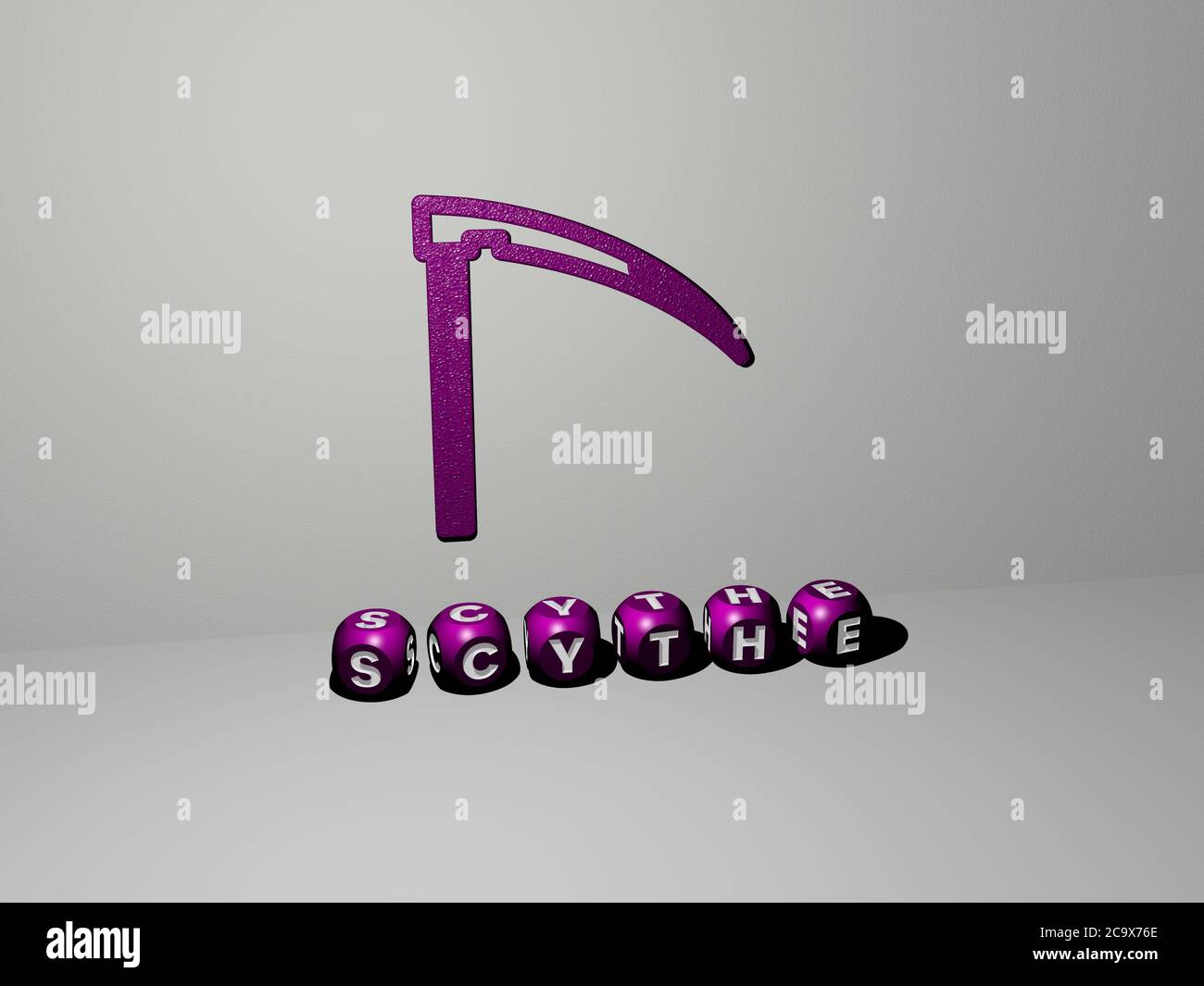 3D illustration of SCYTHE graphics and text made by metallic dice ...