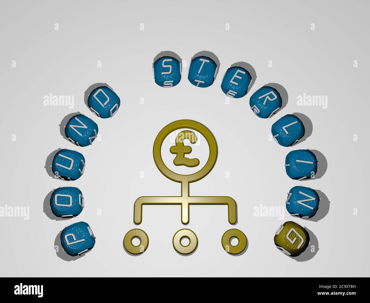 3D representation of POUND STERLING with icon on the wall and text ...