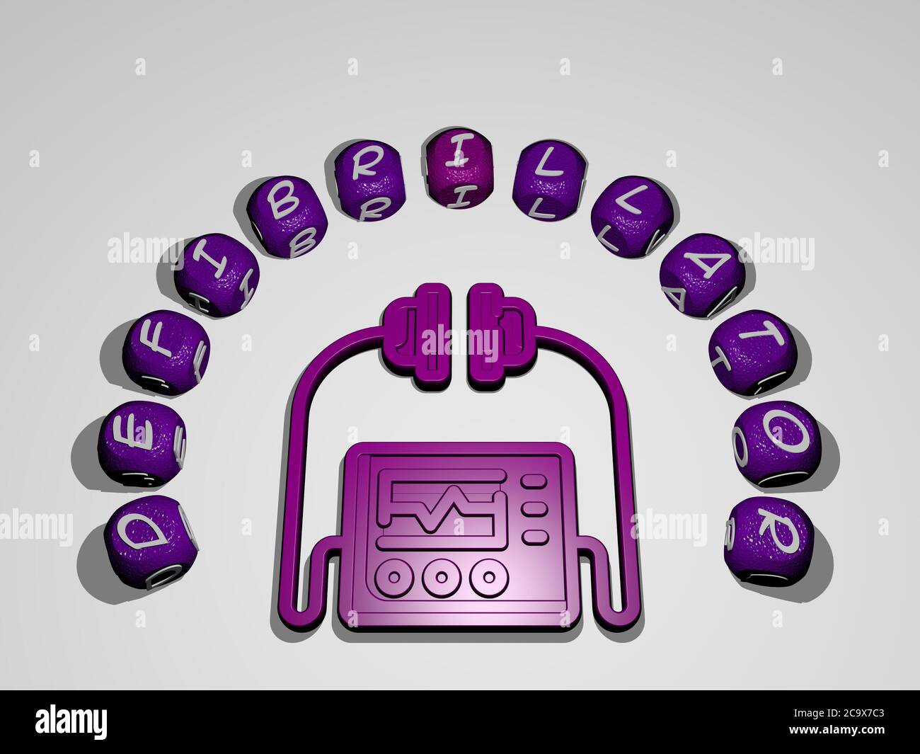 3D representation of DEFIBRILLATOR with icon on the wall and text ...