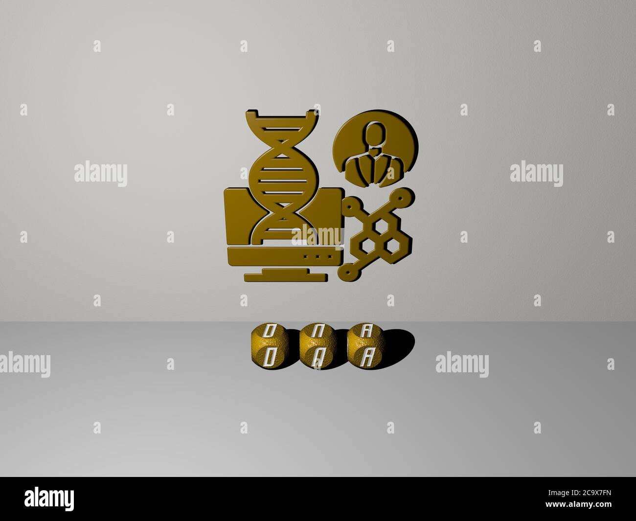 3D graphical image of DNA vertically along with text built by metallic ...