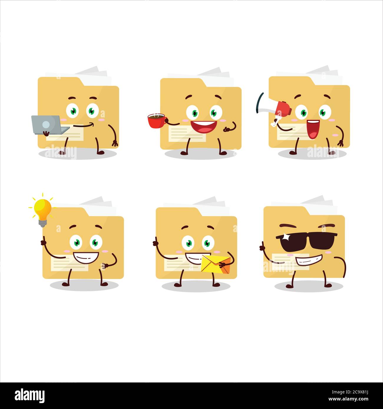 File folder cartoon character with various types of business emoticons ...