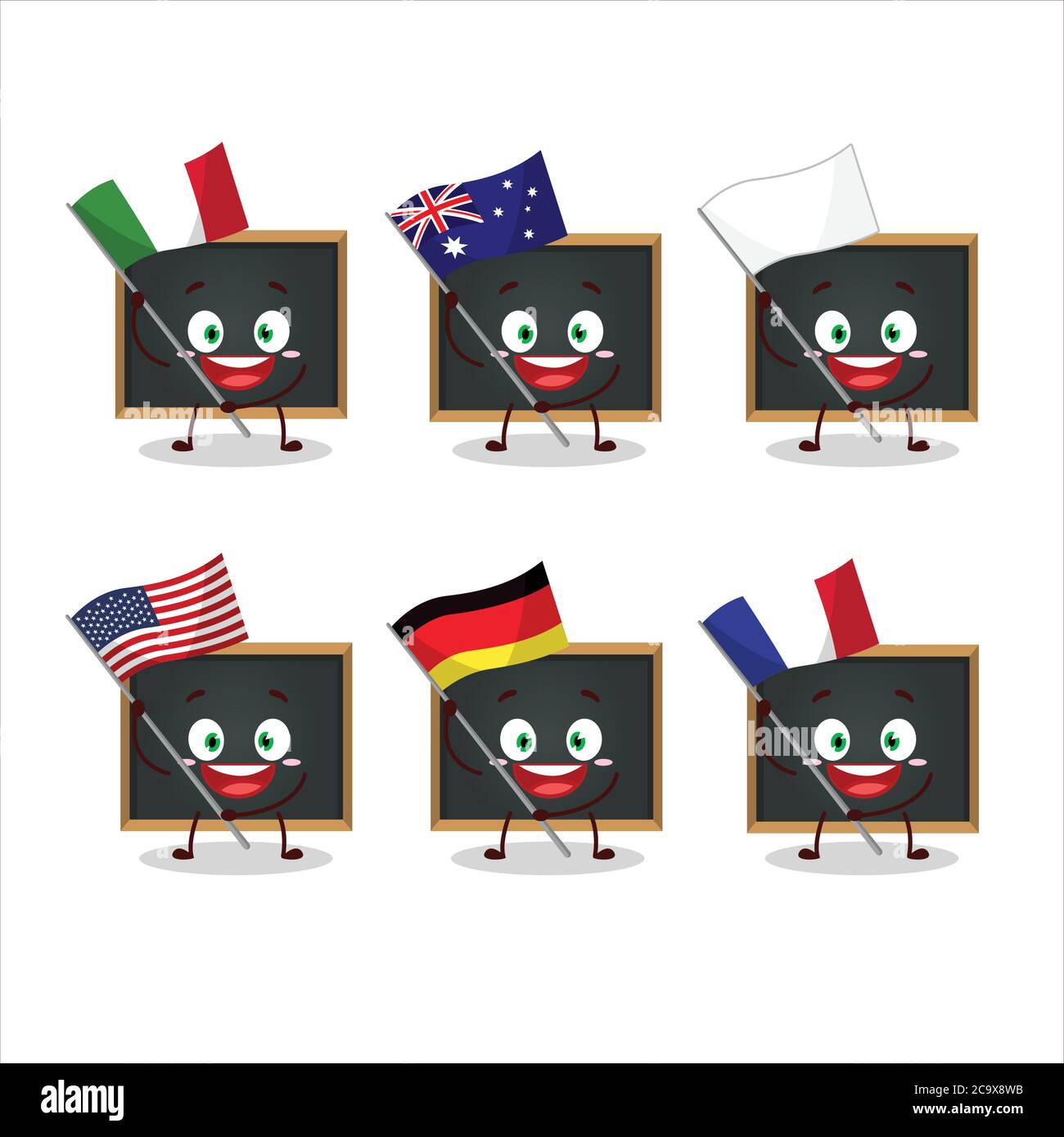 Blackboard Cartoon Character Bring The Flags Of Various Countries Stock