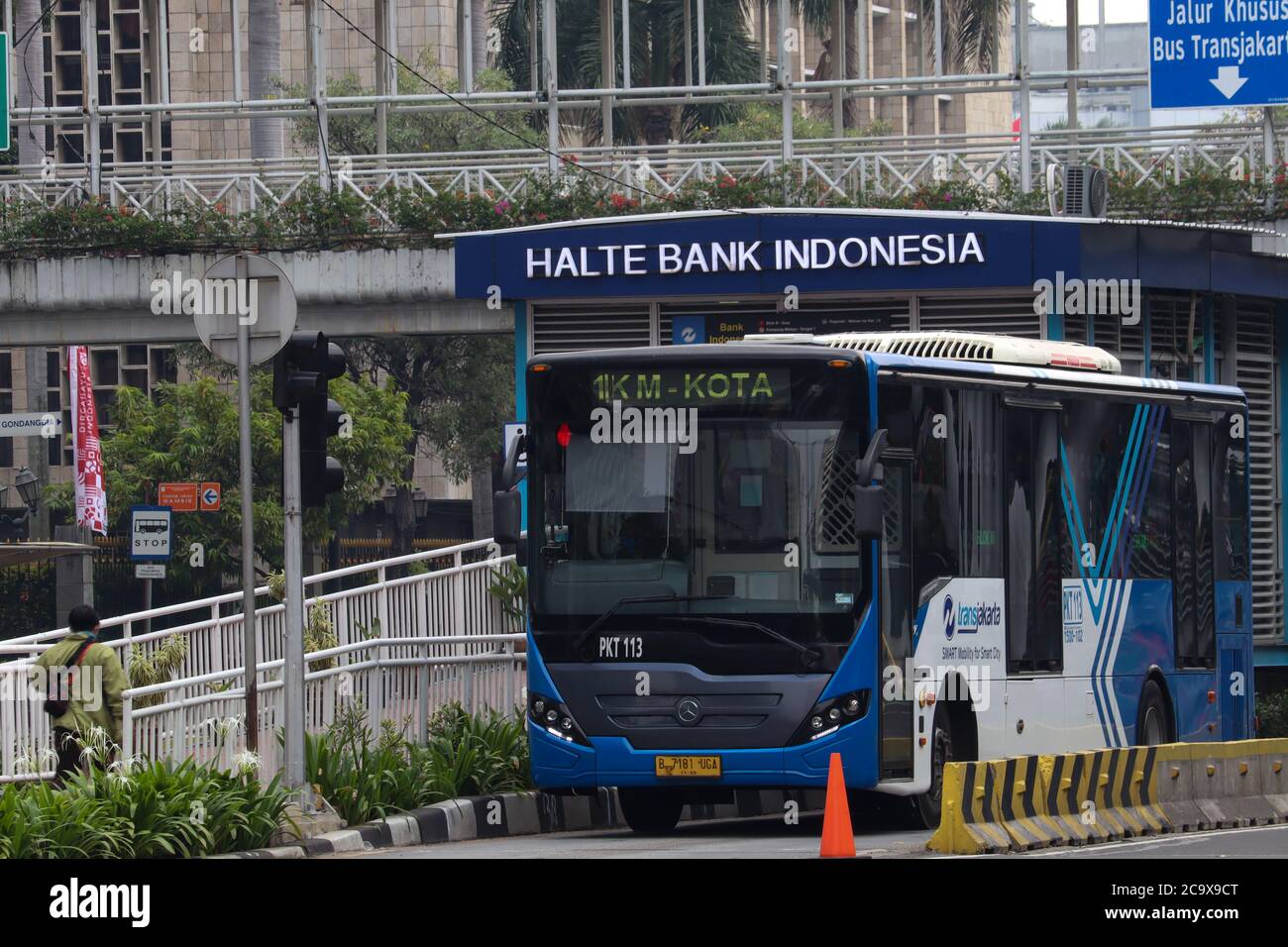 Jakarta / Indonesia - July 19, 2020. Transjakarta buses that are ...