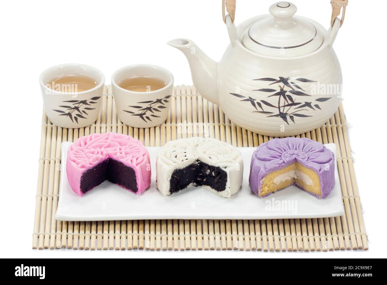 Three mooncake with tea Stock Photo - Alamy
