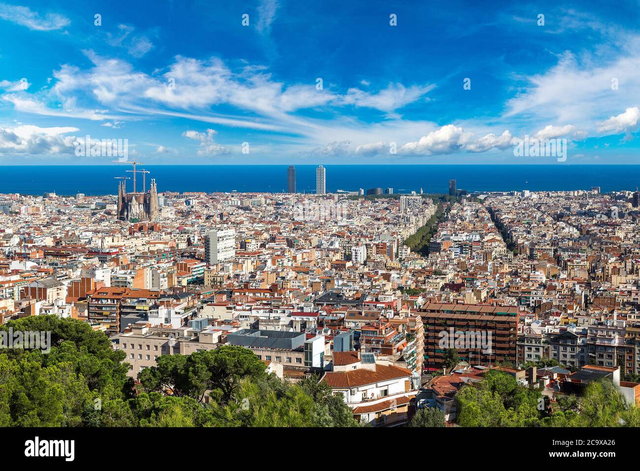 Panoramic view of Barcelona from Park Guell in a summer day in Spain ...