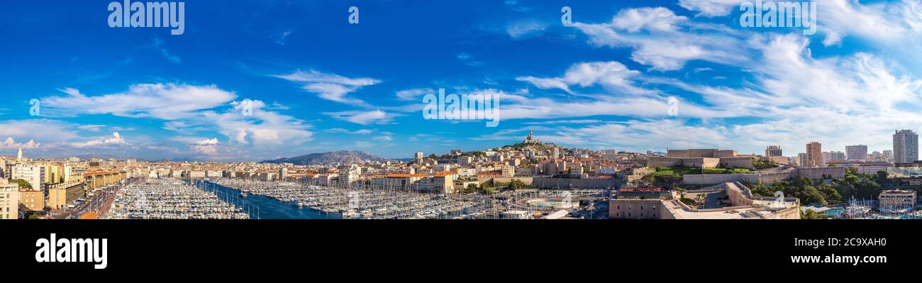 Aerial panoramic view on basilica of Notre Dame de la Garde and old ...