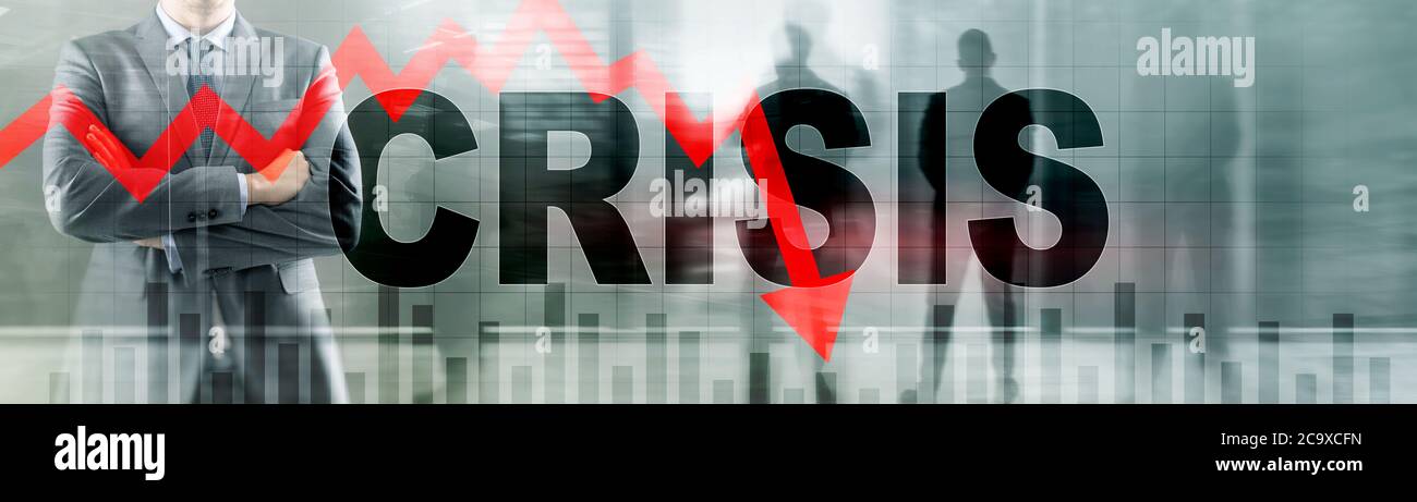 Crisis and red arrow down on abstract website banner Stock Photo - Alamy