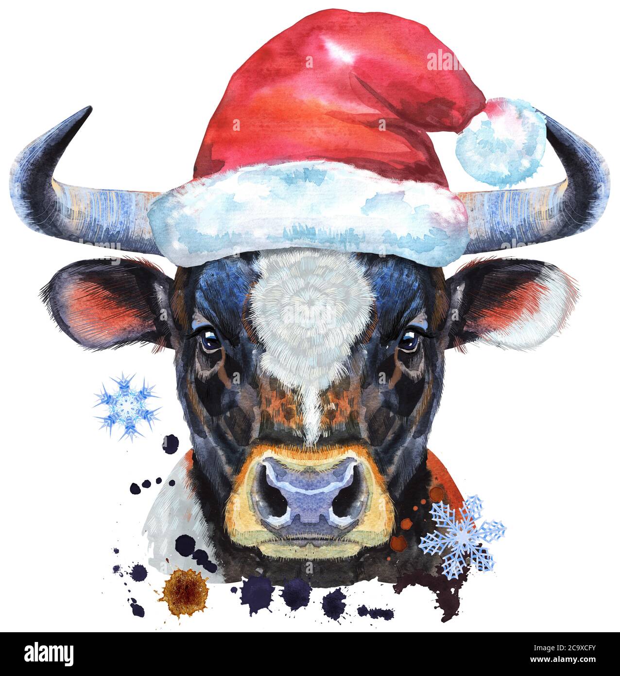 Bull in Santa hat. Watercolor graphics . Bull animal illustration with ...