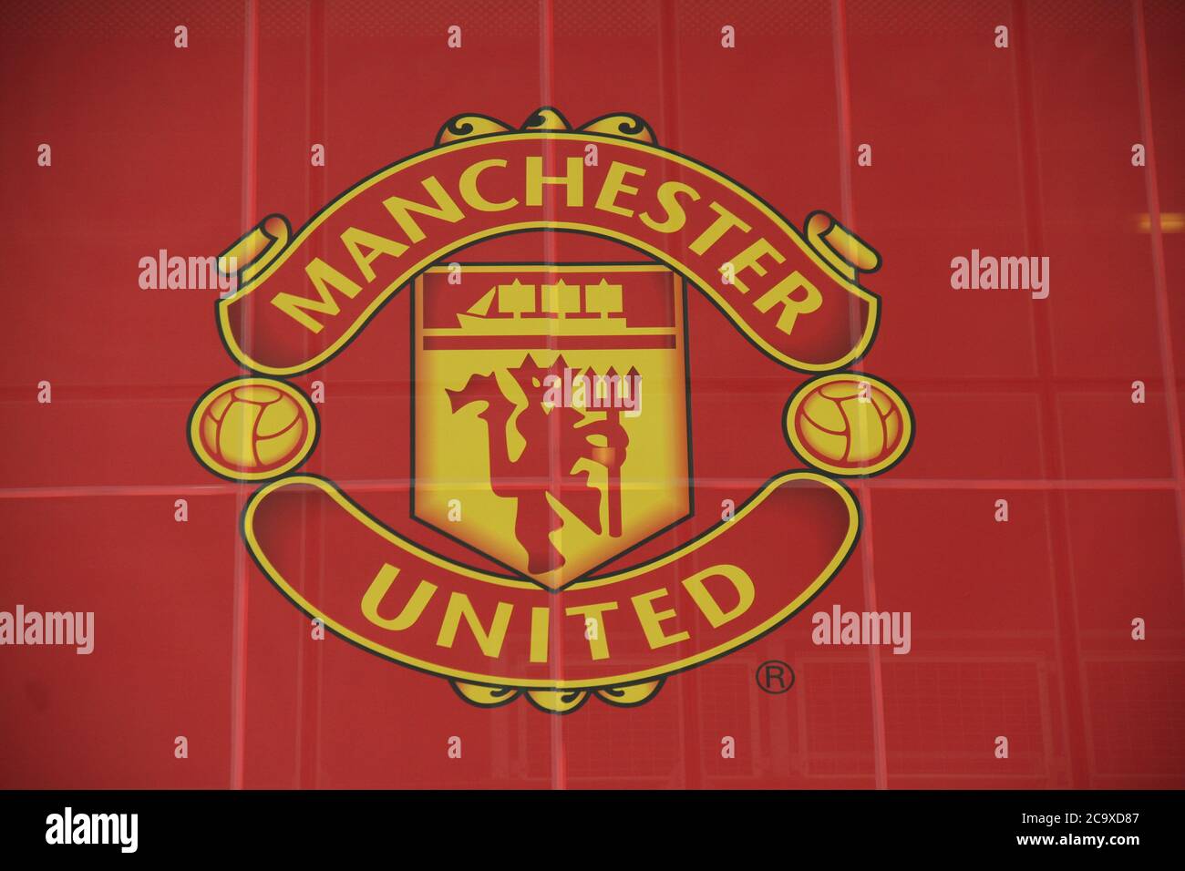 Manchester, UK. 01st Aug, 2020. Manchester United logo seen at the Old ...
