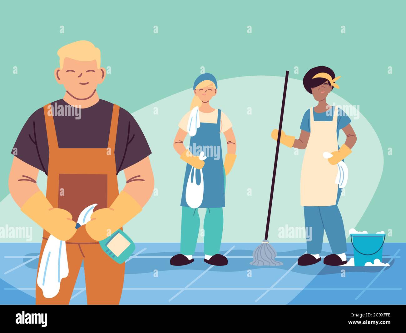 hygiene staff work as a team, janitors cleaning service Stock Vector ...