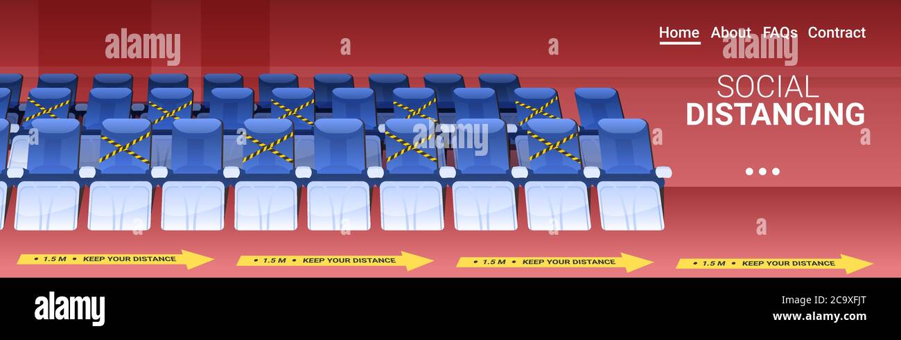 rows of blue seats in empty theater auditorium with protection measures ...