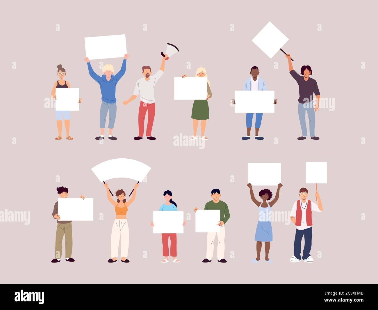 set of people with banners and signs are protesting vector illustration ...