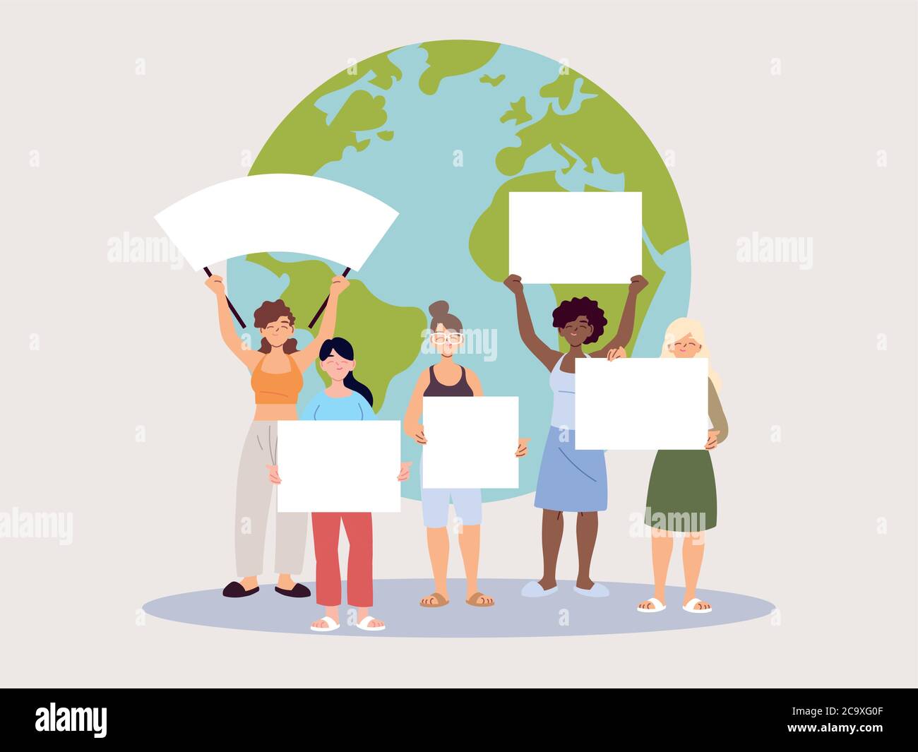people with banners and signs draw attention to climate change vector ...
