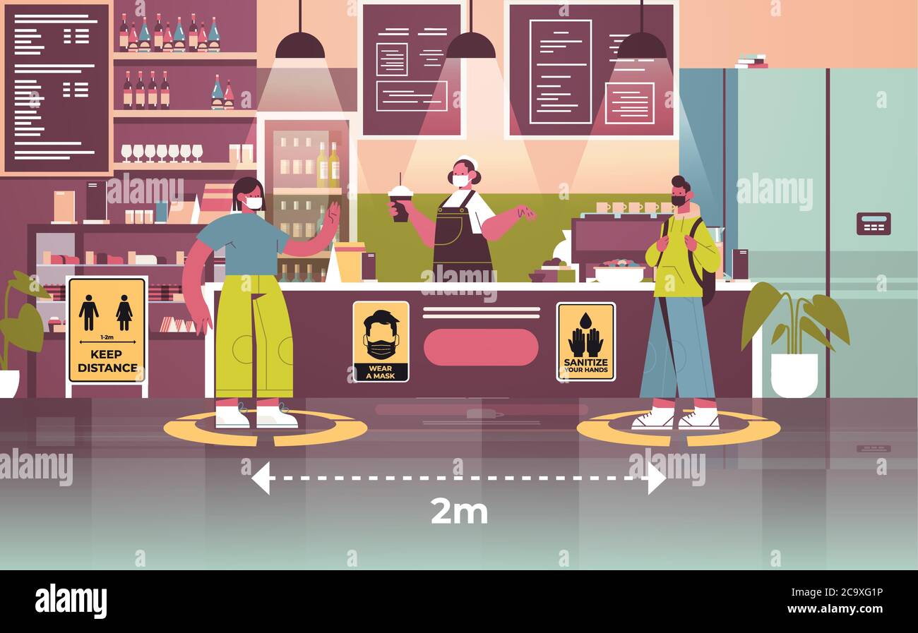 cafe visitors in protective masks keeping distance to prevent ...