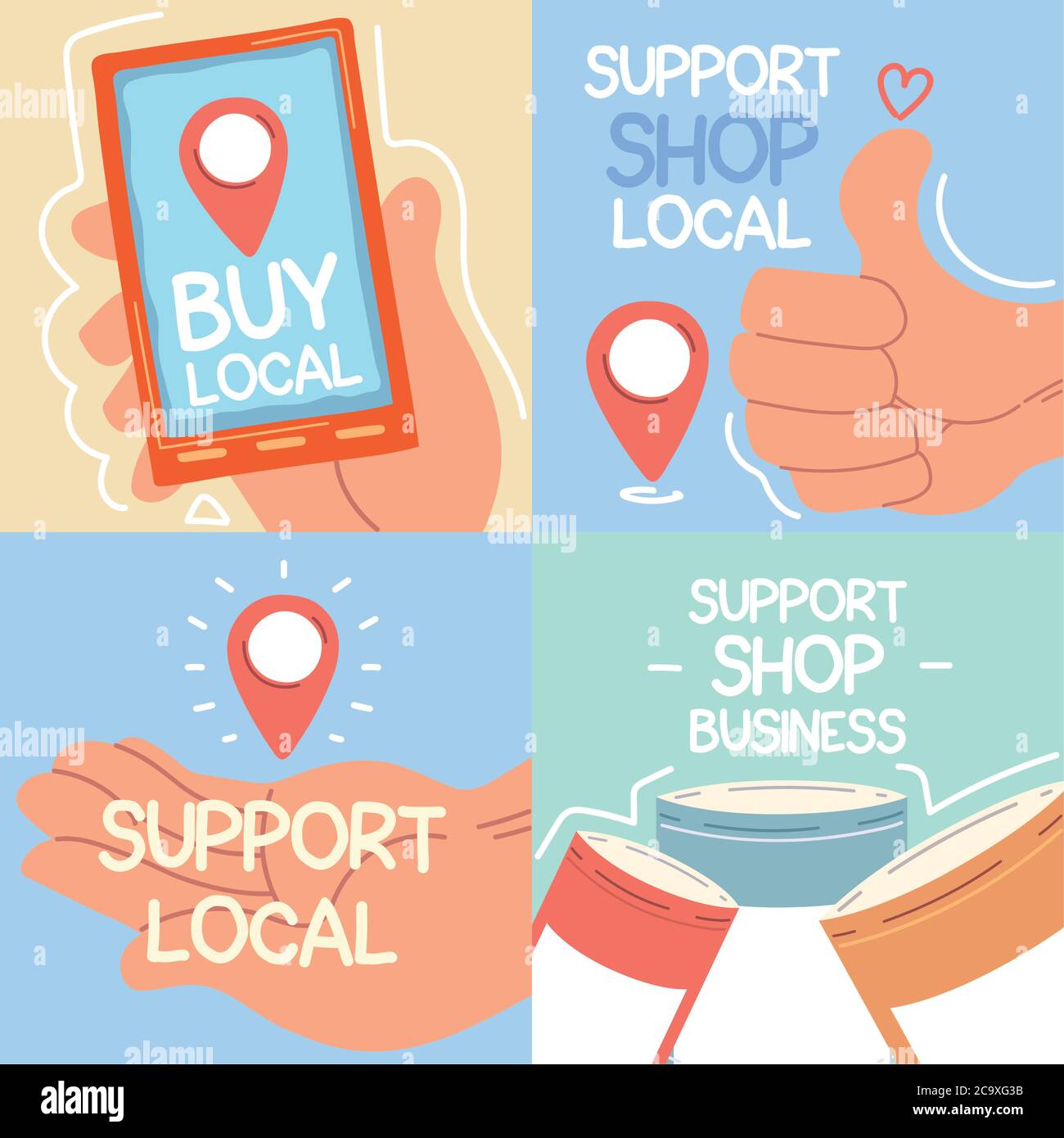 set of icons local shop campaign, supports local businesses vector ...