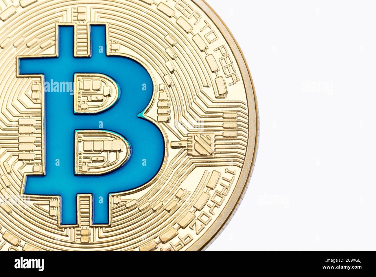 Golden bitcoin on white background, blue bitcoin Stock Photo - Alamy