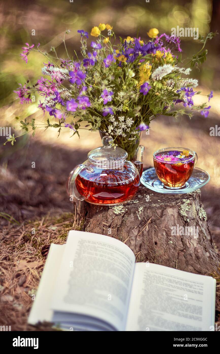 Tea party in the open air. Close-up of a Cup and teapot in nature in ...