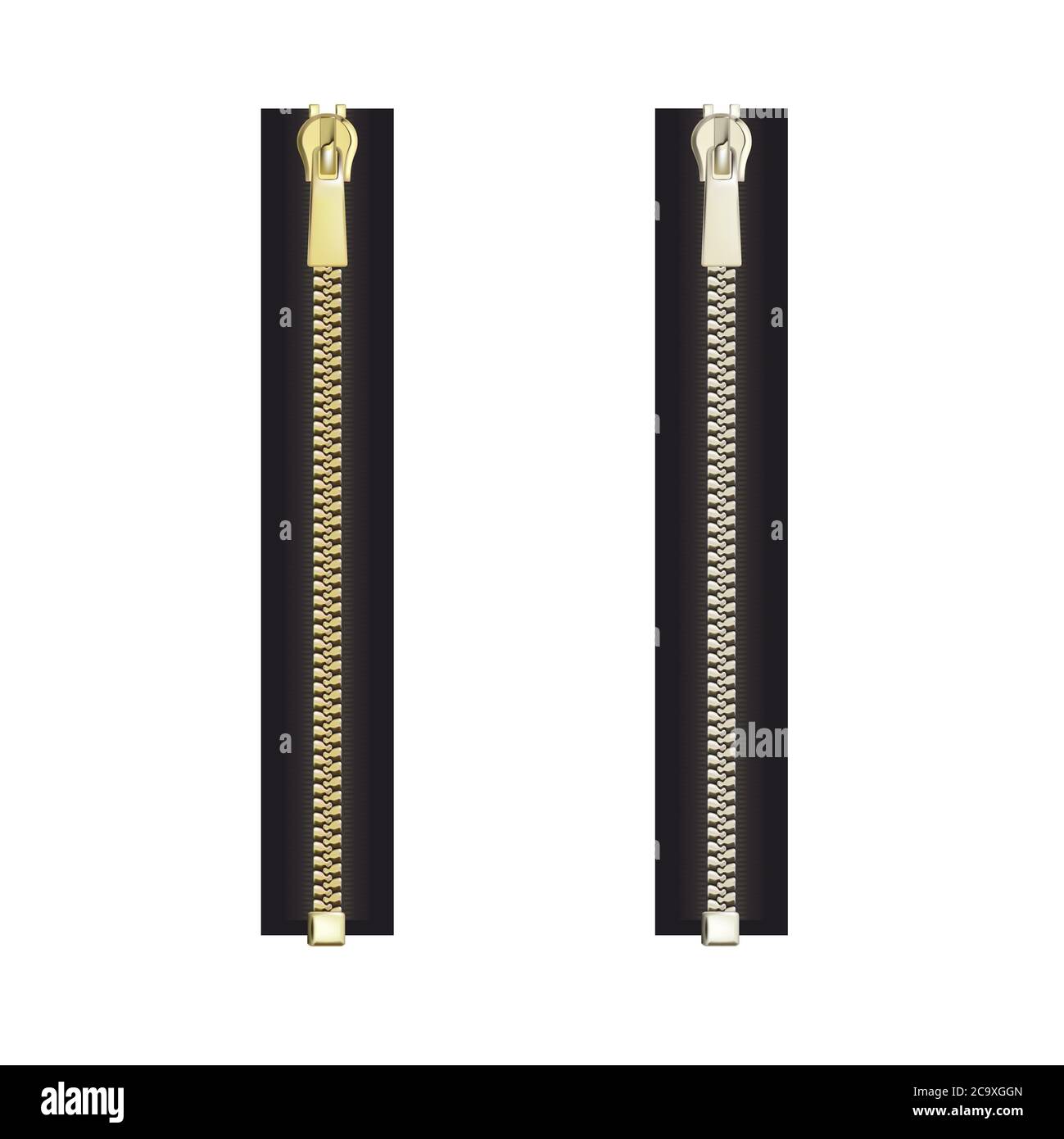Closed zip. Realistic zipper fastener. Metallic gold silver elegant zip ...