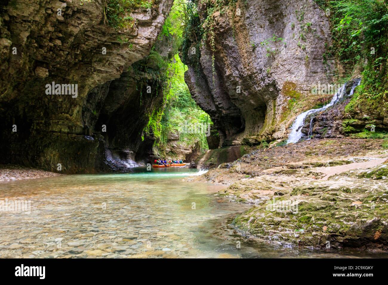 Tourists rafting in rubber boats on the river Abasha in Martvili canyon ...