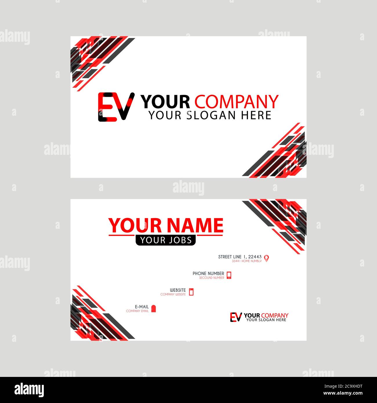 Letter EV logo in black which is included in a name card or simple ...