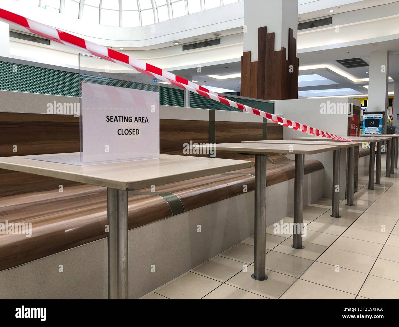 Melbourne, Australia - circa May, 2020: Closed food court tables with ...